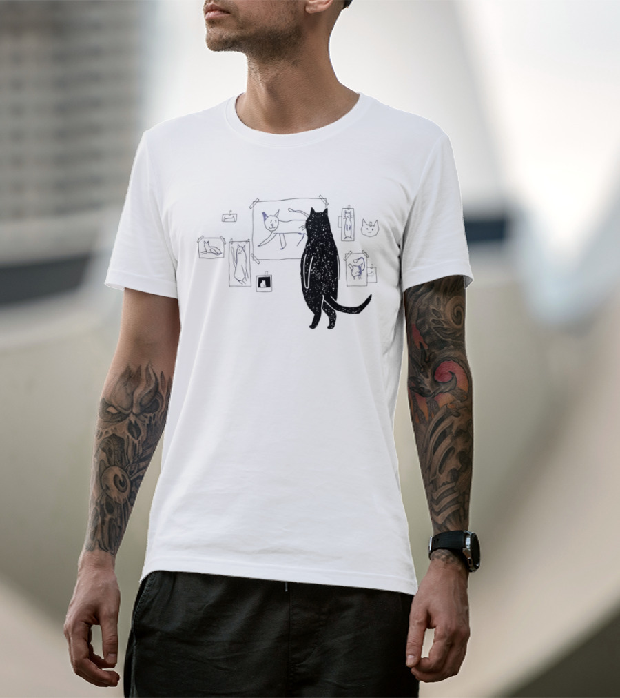 Black Cat Standing Looking At Sketches Line Drawing Wall Gallery T-Shirt