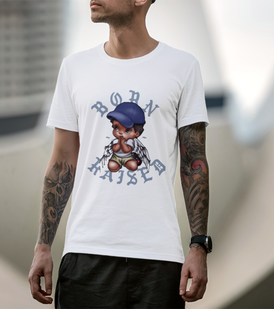 Born X Raised El Angel Cherub Praying With Wings And Cap T-Shirt