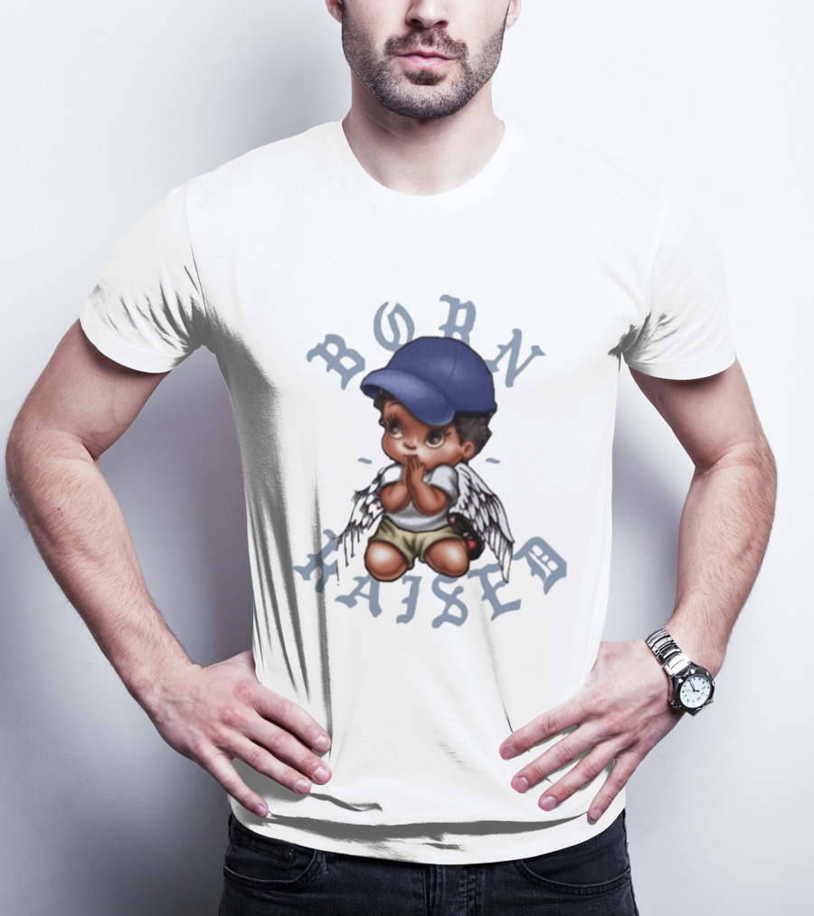 Born X Raised El Angel Cherub Praying With Wings And Cap T-Shirt