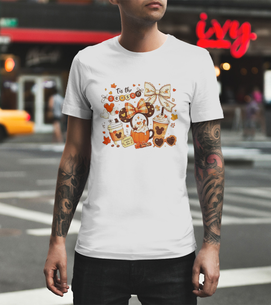 Tis The Season Disney Pumpkin Spice Autumn Coffee Ears And Bows T-Shirt