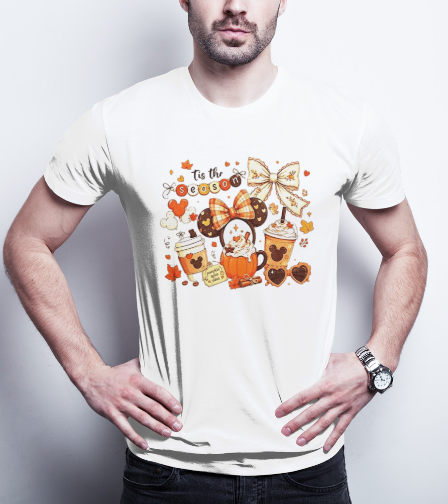 Tis The Season Disney Pumpkin Spice Autumn Coffee Ears And Bows T-Shirt