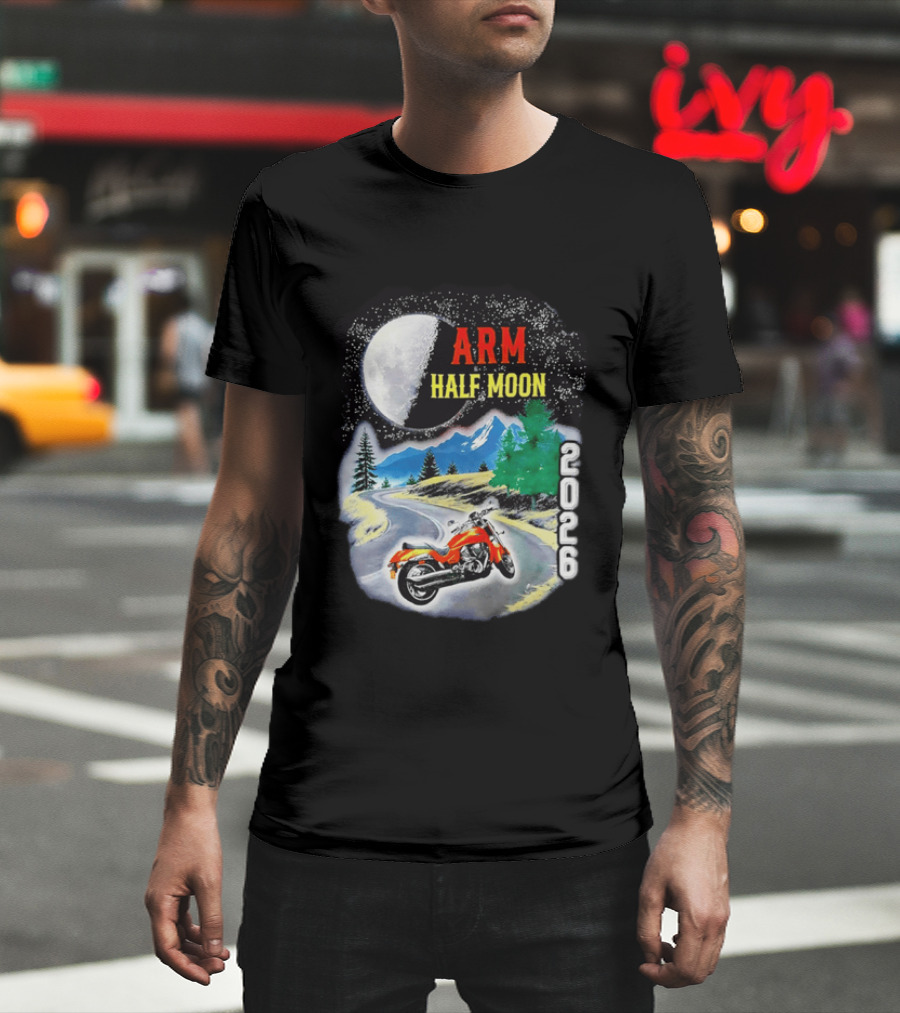 Arm Half Moon 2026 Orange Motorcycle Winding Mountain Road Night Sky T-Shirt