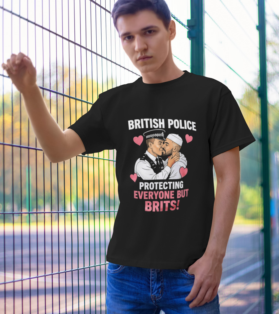 British Police Protecting Everyone But Brits Kissing Illustration With Hearts T-Shirt