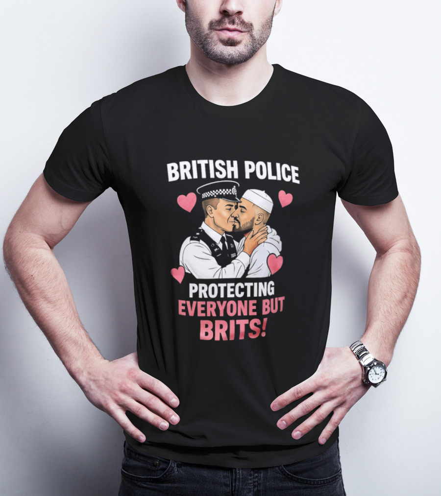 British Police Protecting Everyone But Brits Kissing Illustration With Hearts T-Shirt