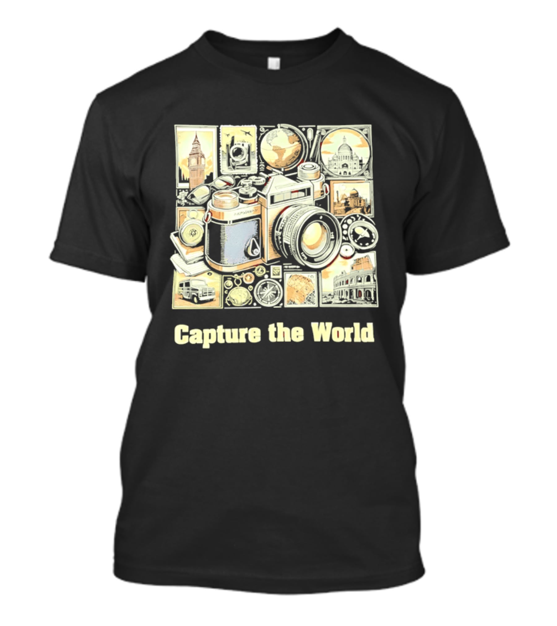 Capture The World Camera Globe Travel Landmarks Compass T-Shirt