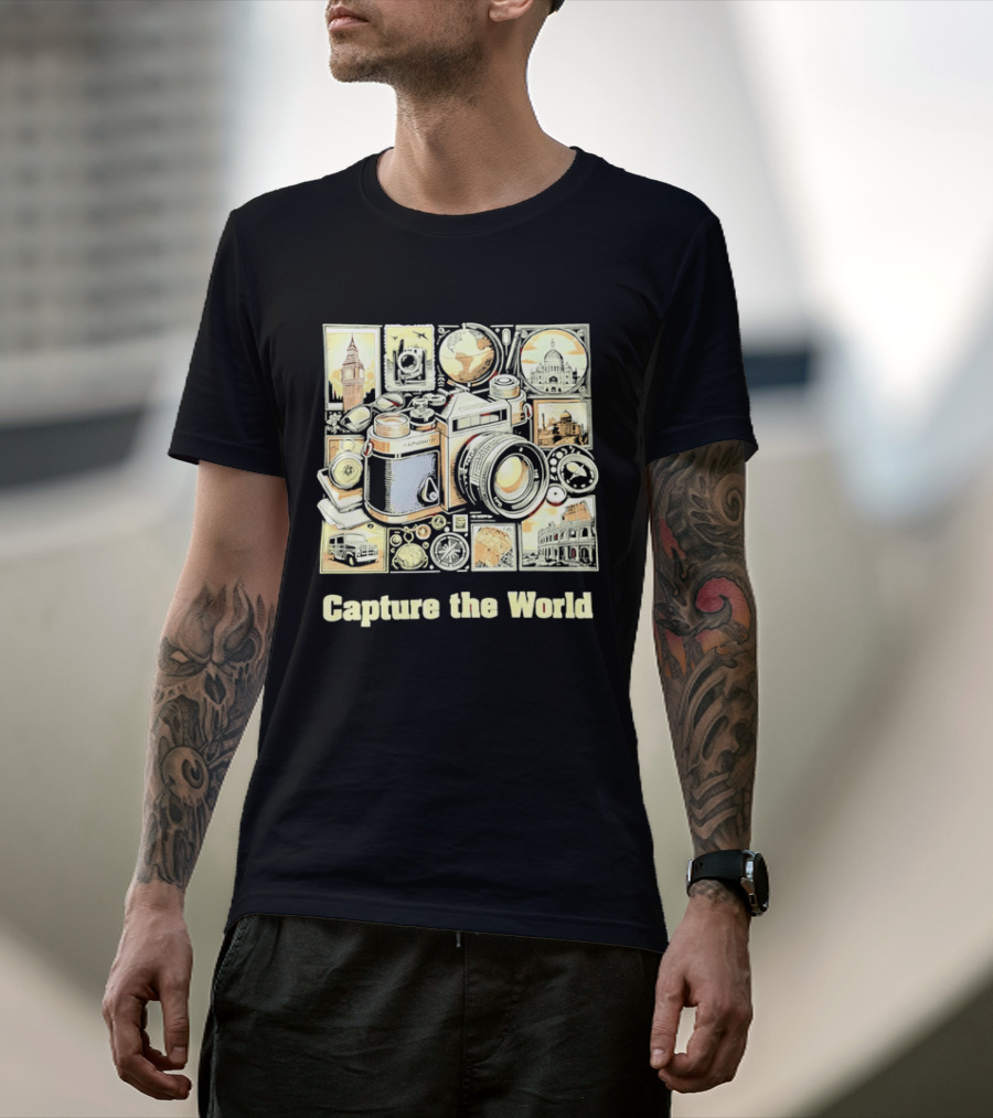 Capture The World Camera Globe Travel Landmarks Compass T-Shirt