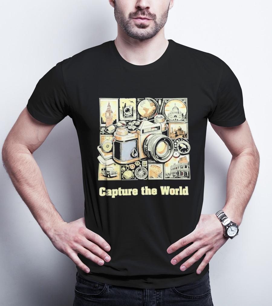 Capture The World Camera Globe Travel Landmarks Compass T-Shirt