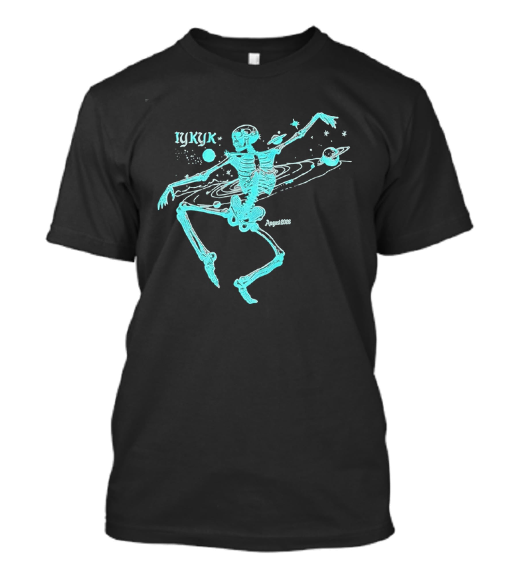 Iykyk August 2026 Cyan Dancing Skeleton With Space Orbit Sketch T-Shirt