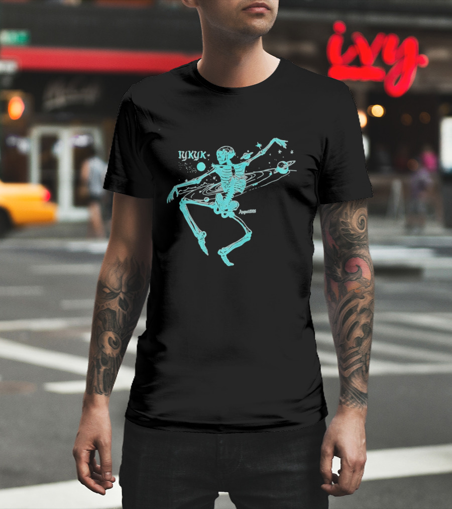 Iykyk August 2026 Cyan Dancing Skeleton With Space Orbit Sketch T-Shirt