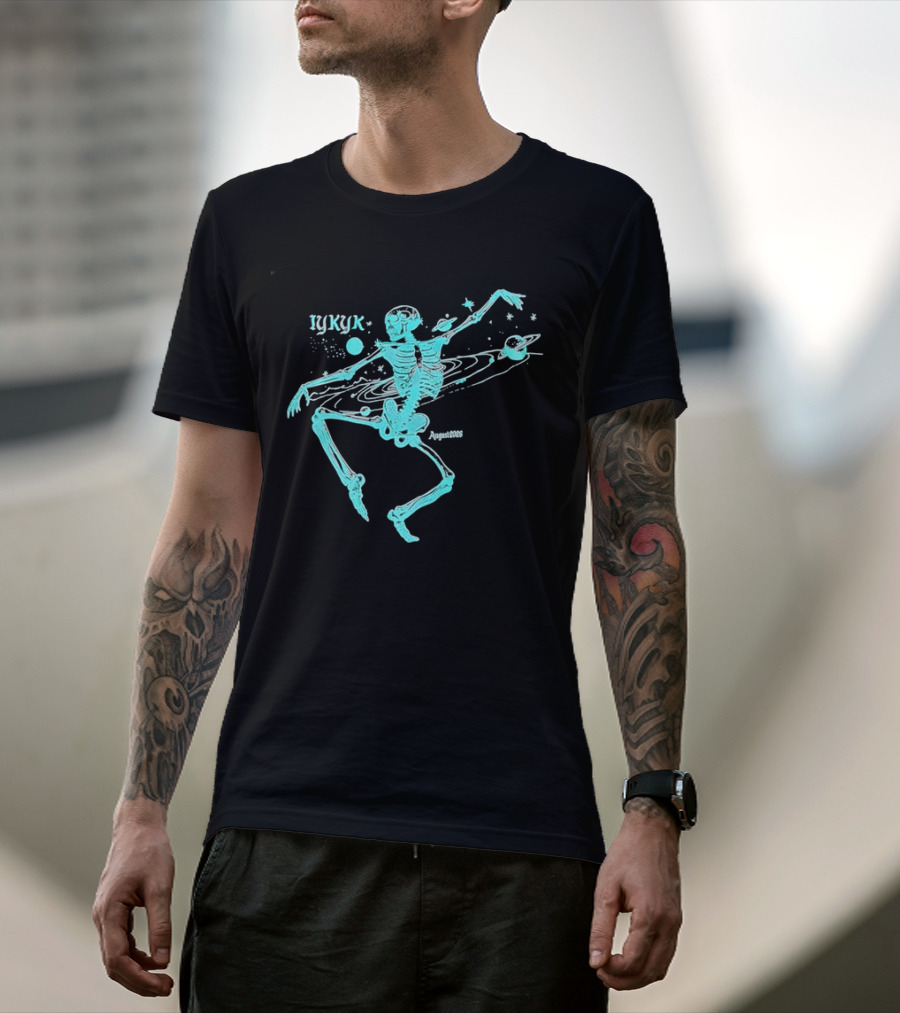 Iykyk August 2026 Cyan Dancing Skeleton With Space Orbit Sketch T-Shirt