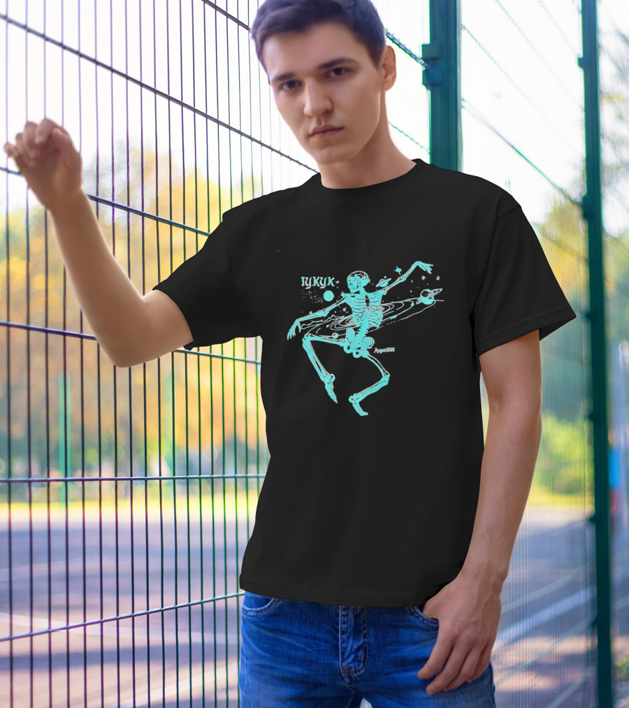 Iykyk August 2026 Cyan Dancing Skeleton With Space Orbit Sketch T-Shirt