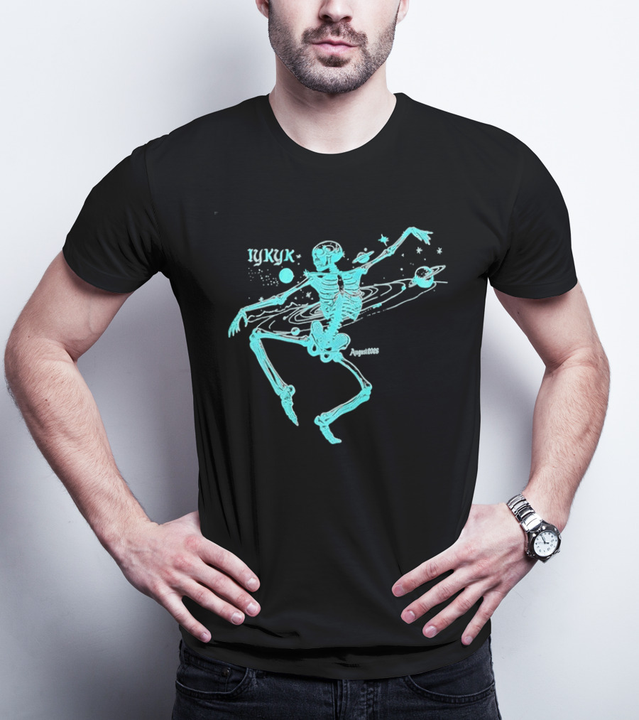 Iykyk August 2026 Cyan Dancing Skeleton With Space Orbit Sketch T-Shirt