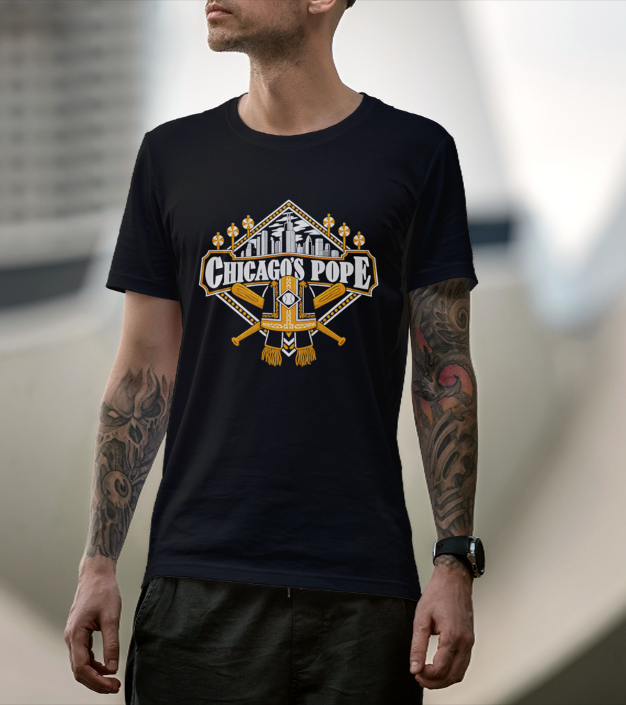 Chicago's Pope Baseball Crossed Bats City Skyline T-Shirt