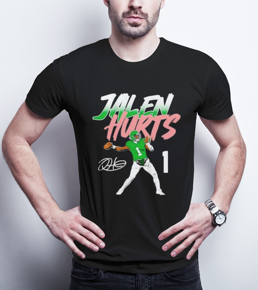 Jalen Hurts Quarterback Throwing Football Jersey Number 1 Signature Green T-Shirt