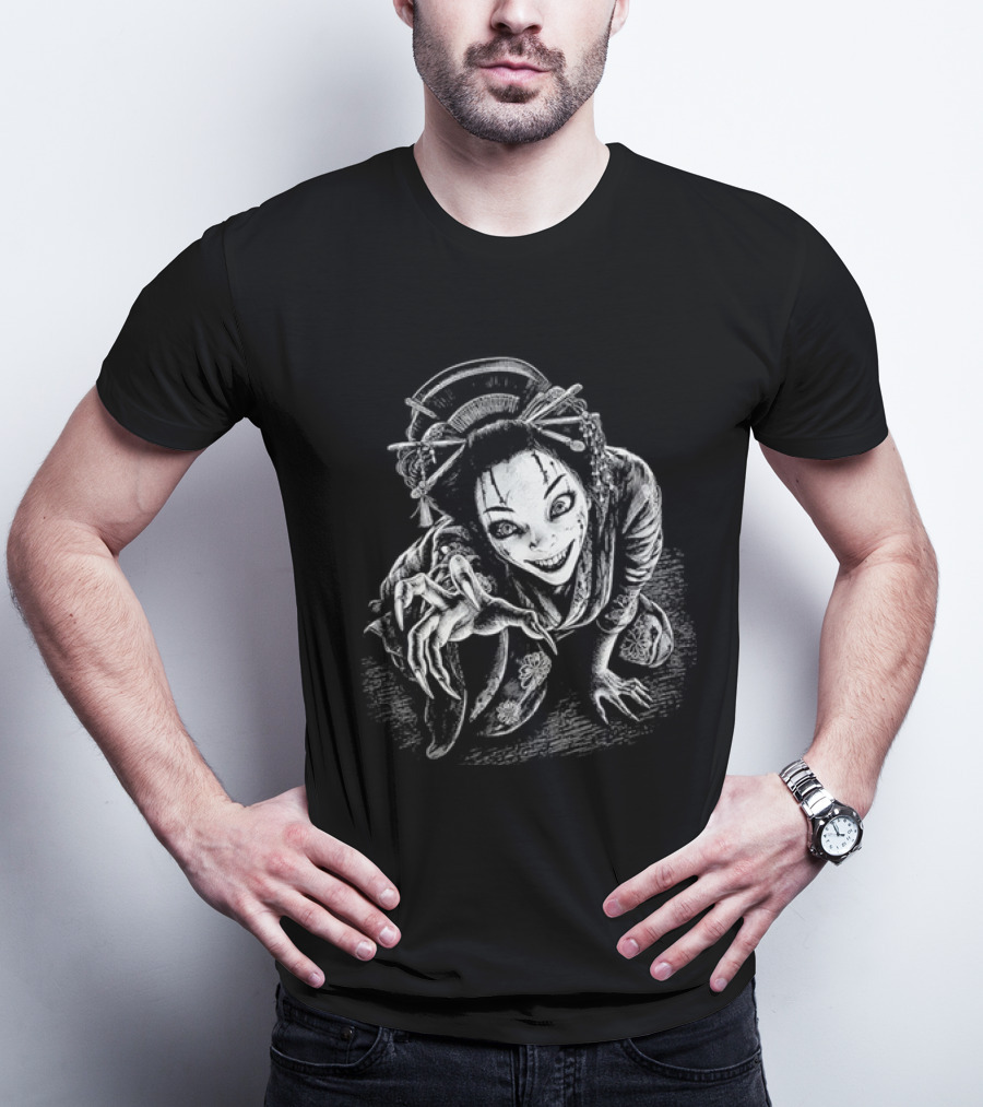 Creepy Demonic Yokai Geisha Crawling Sharp Claws Drawing T-Shirt