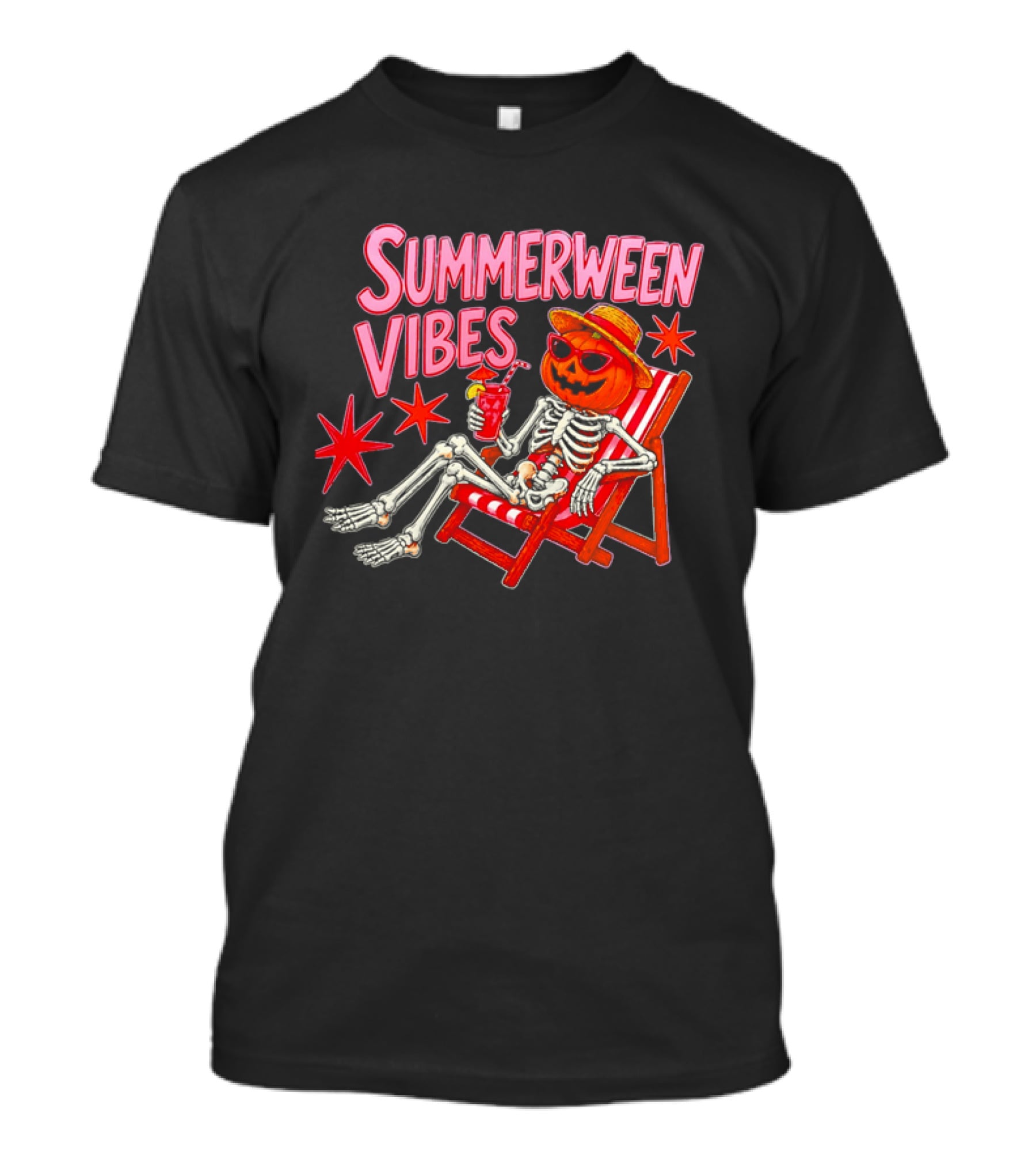 Summerween Vibes Skeleton Pumpkin Sunglasses Lounge Chair Drink T-Shirt
