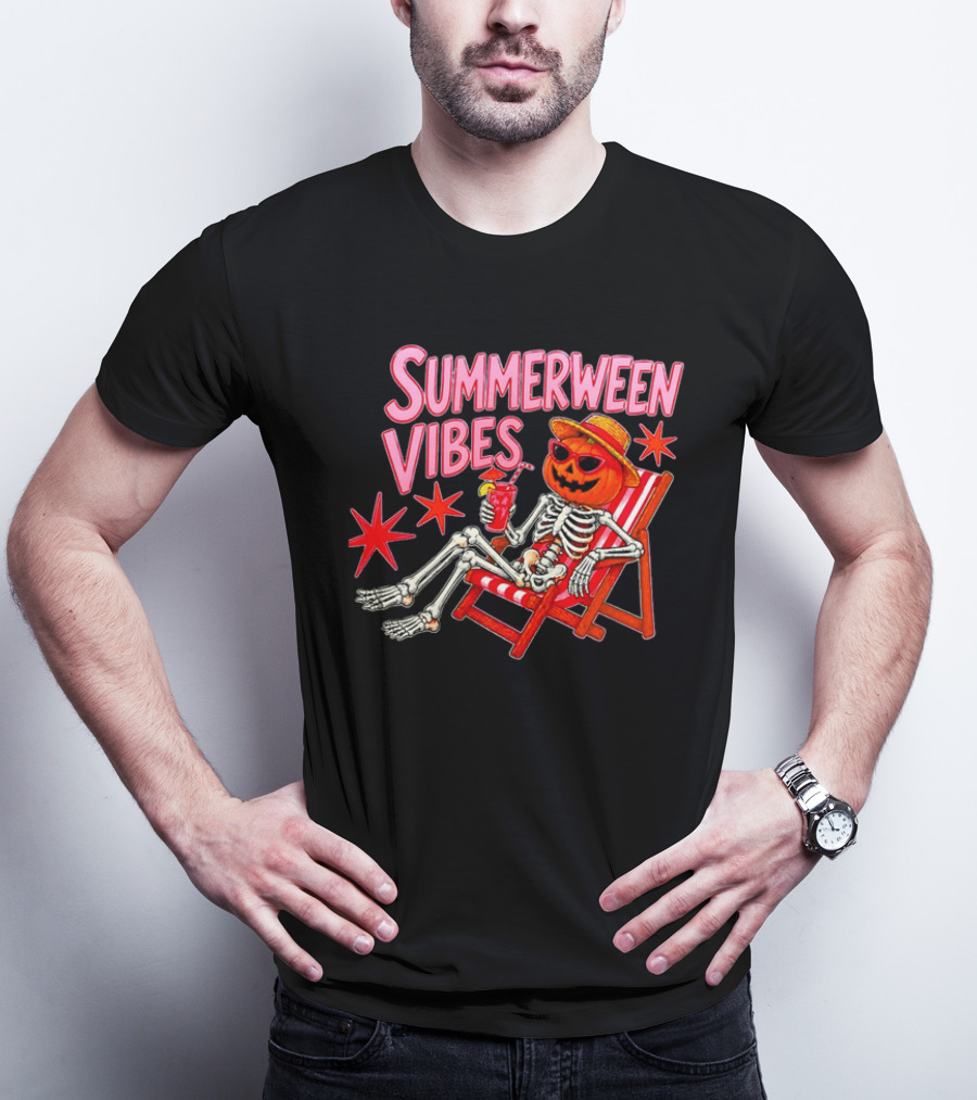 Summerween Vibes Skeleton Pumpkin Sunglasses Lounge Chair Drink T-Shirt