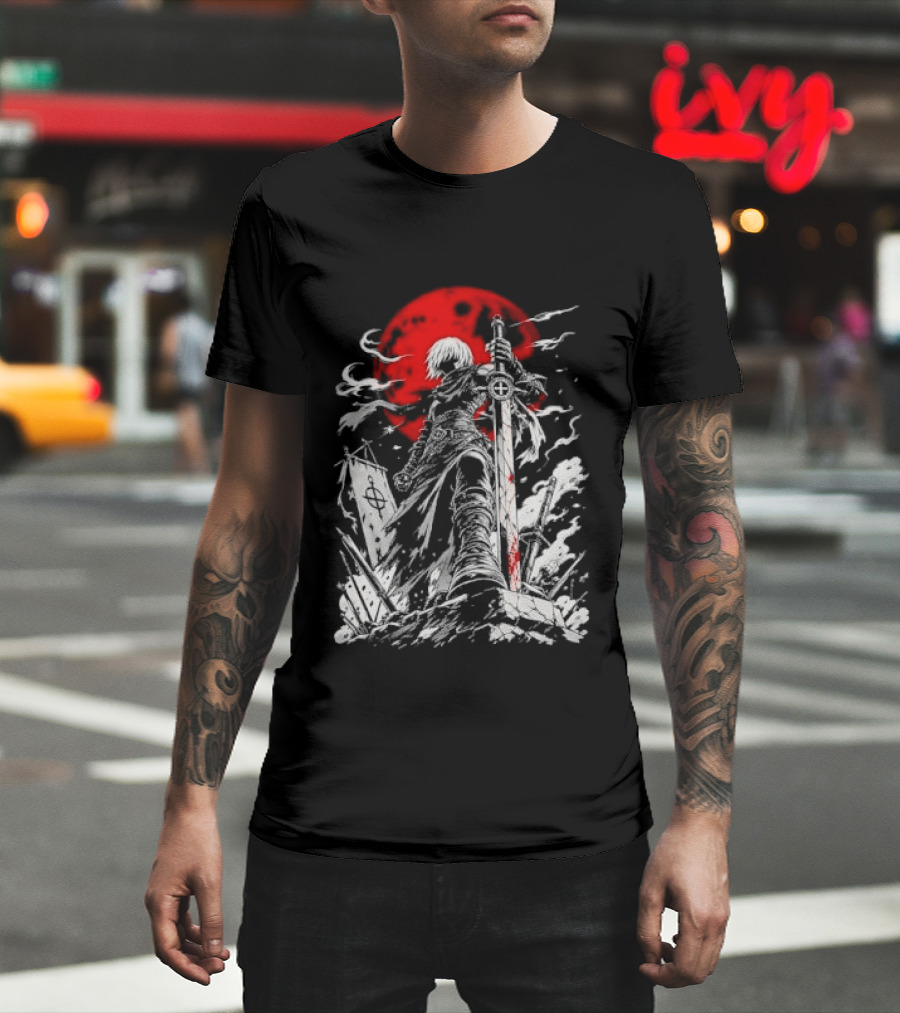 Dark Fantasy Warrior Bloody Sword Red Moon Battlefield Epic Scene T-Shirt