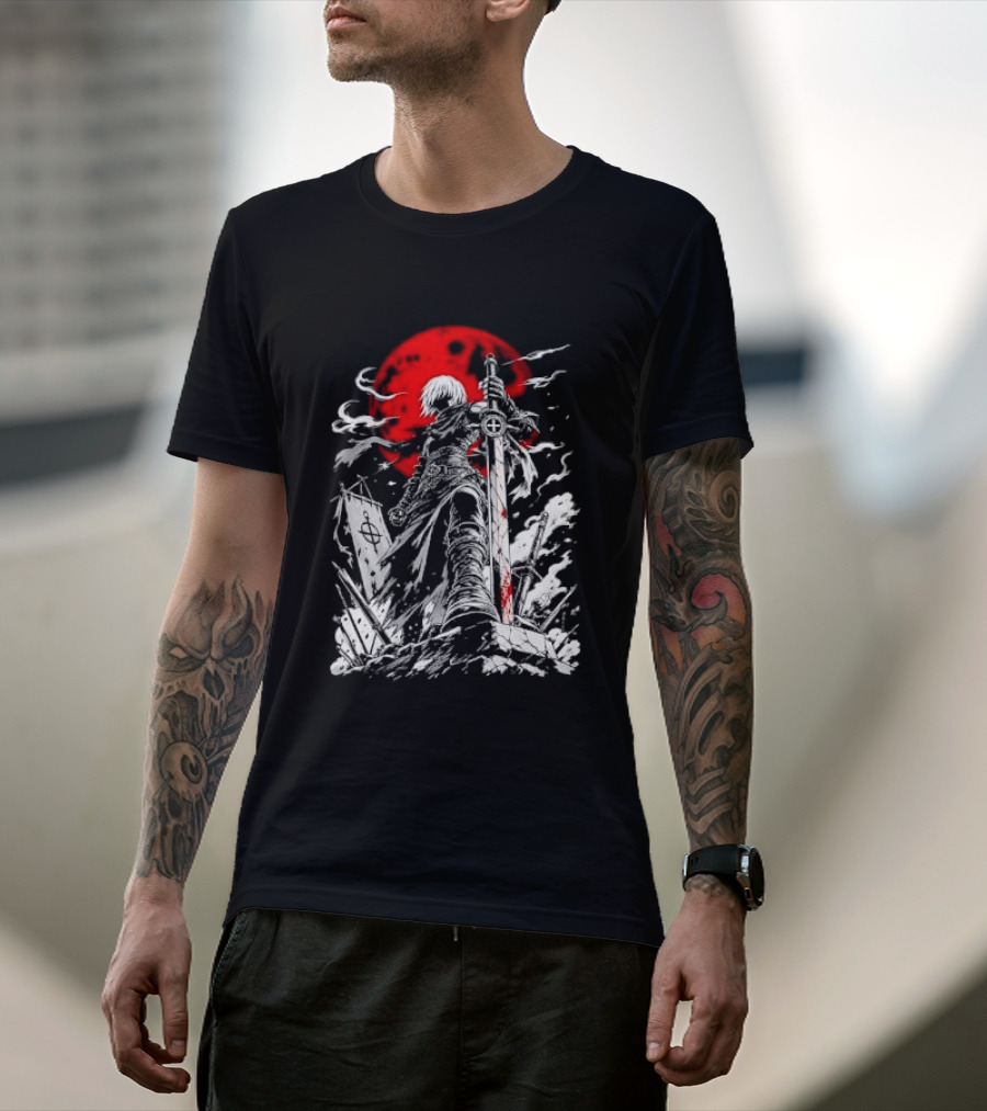 Dark Fantasy Warrior Bloody Sword Red Moon Battlefield Epic Scene T-Shirt