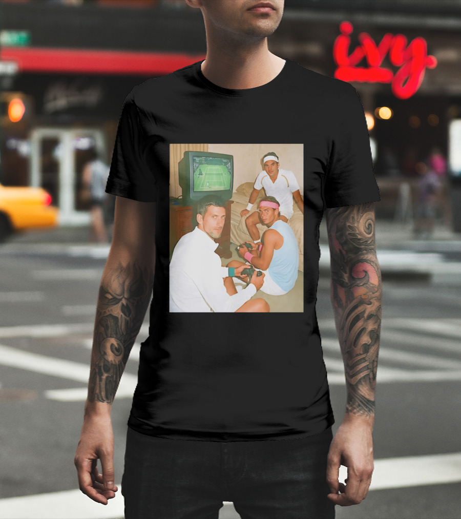 Novak Djokovic Rafael Nadal Roger Federer Playing Tennis Video Game T-Shirt