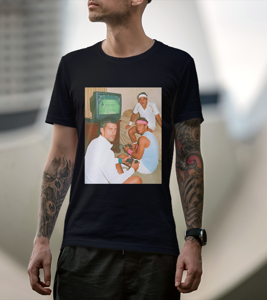 Novak Djokovic Rafael Nadal Roger Federer Playing Tennis Video Game T-Shirt