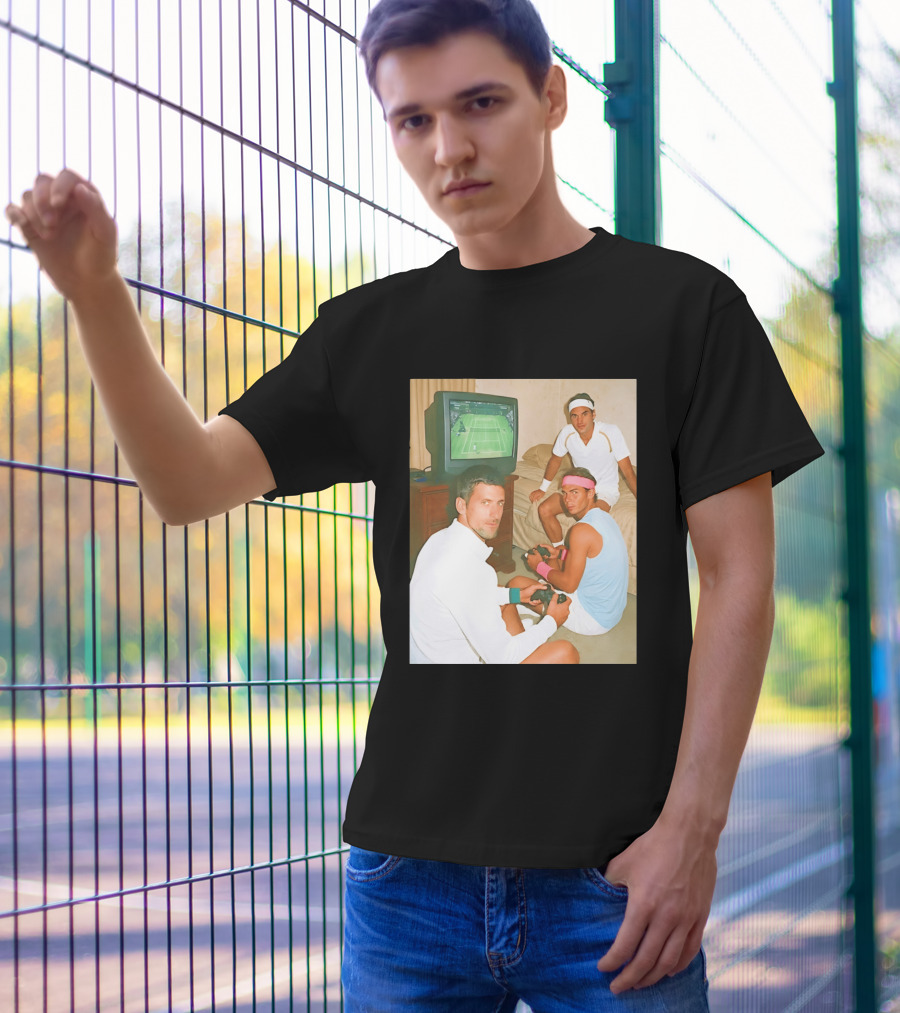 Novak Djokovic Rafael Nadal Roger Federer Playing Tennis Video Game T-Shirt