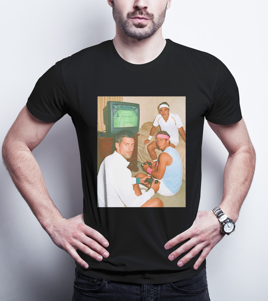 Novak Djokovic Rafael Nadal Roger Federer Playing Tennis Video Game T-Shirt