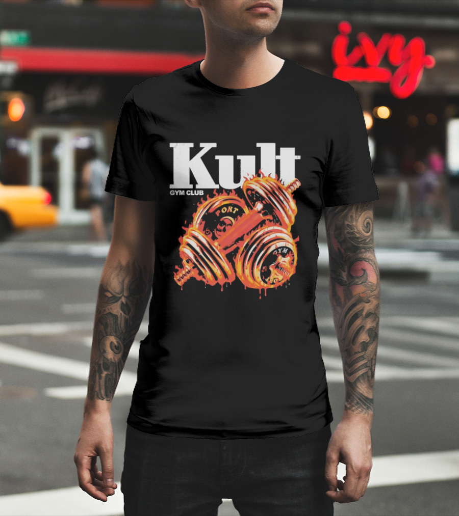Kult Gym Club Sport Fiery Dumbbells Dripping Lava Distressed T-Shirt