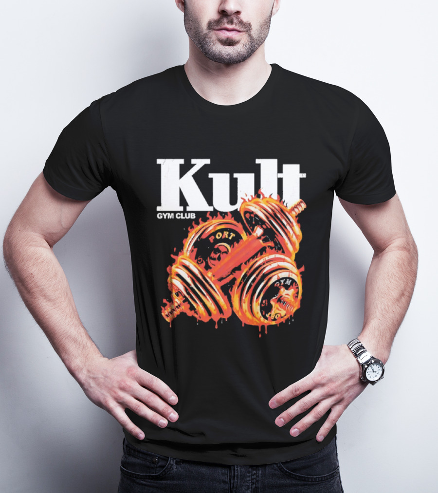 Kult Gym Club Sport Fiery Dumbbells Dripping Lava Distressed T-Shirt