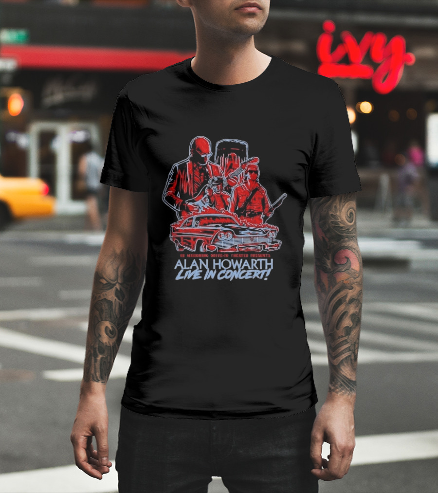 The Mahoning Drive In Theater Presents Alan Howarth Live Concert Horror Characters Flaming Car T-Shirt