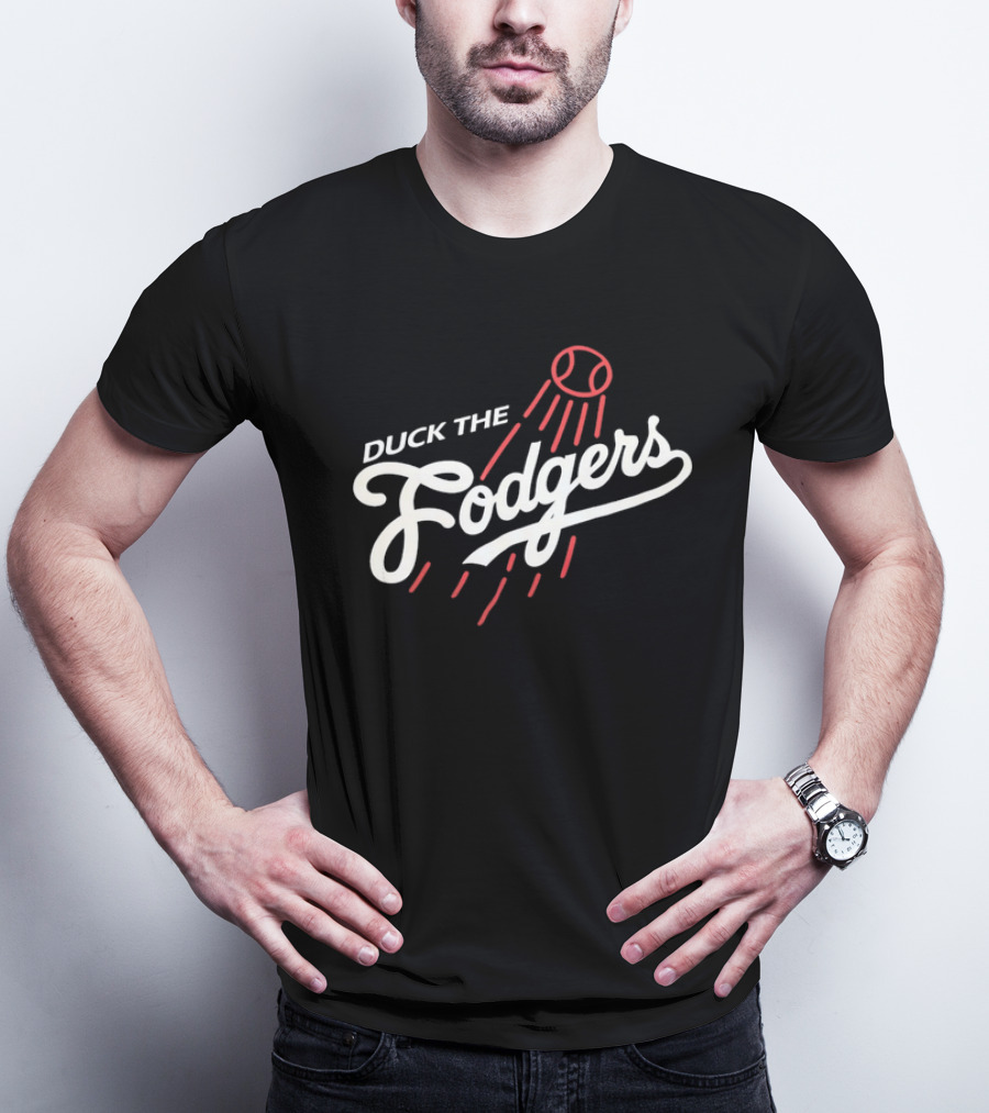 Duck The Fodgers White Script Flying Baseball Red Motion Lines T-Shirt