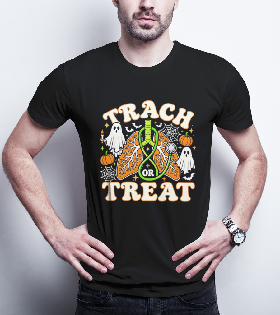 Trach Or Treat Lungs Stethoscope Ghosts Pumpkins Spider Webs Halloween Cartoon T-Shirt