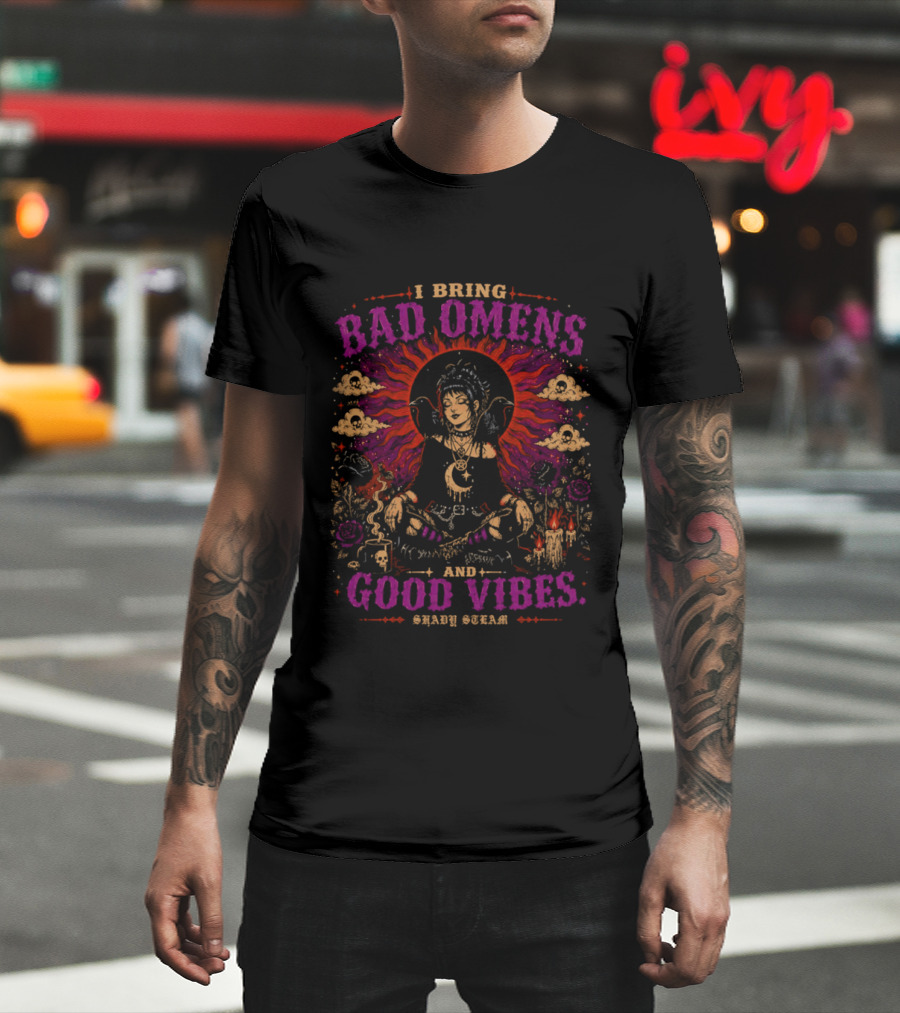 I Bring Bad Omens And Good Vibes Shady Steam Buddha Art Clouds Flowers Fire Asian Sunburst Fantasy T-Shirt