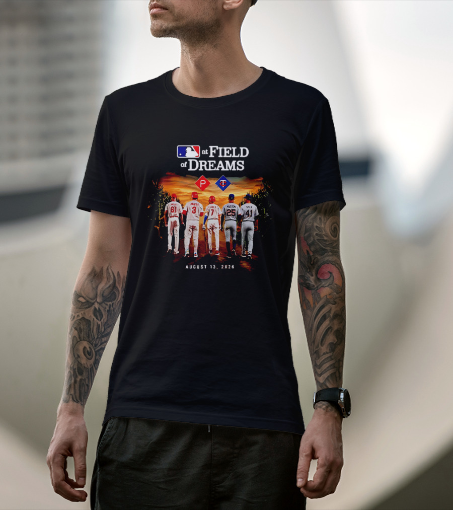 MLB At Field Of Dreams August 13 2026 Philadelphia Minnesota Players Walking Into Cornfield T-Shirt