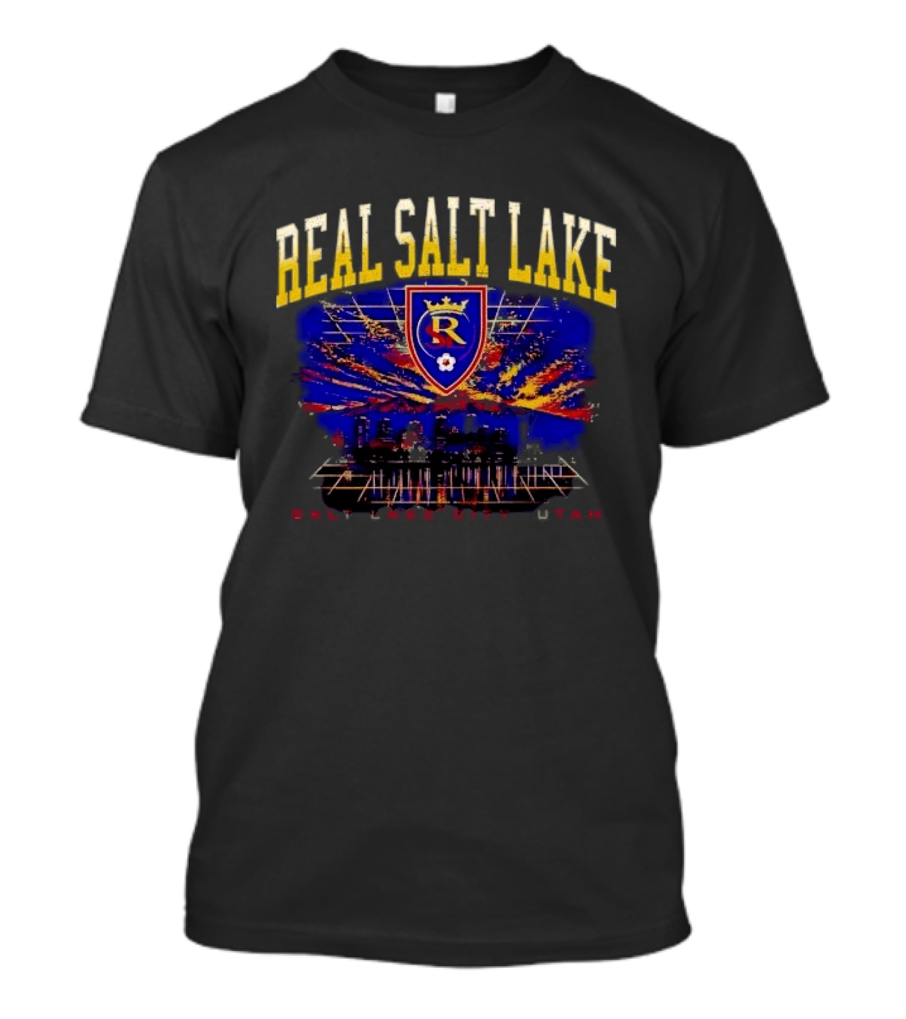 Real Salt Lake City Utah Skyline Crest Sunset Grid Distressed T-Shirt