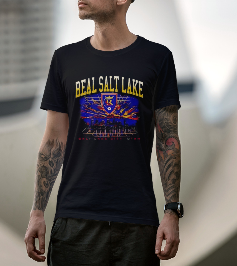 Real Salt Lake City Utah Skyline Crest Sunset Grid Distressed T-Shirt