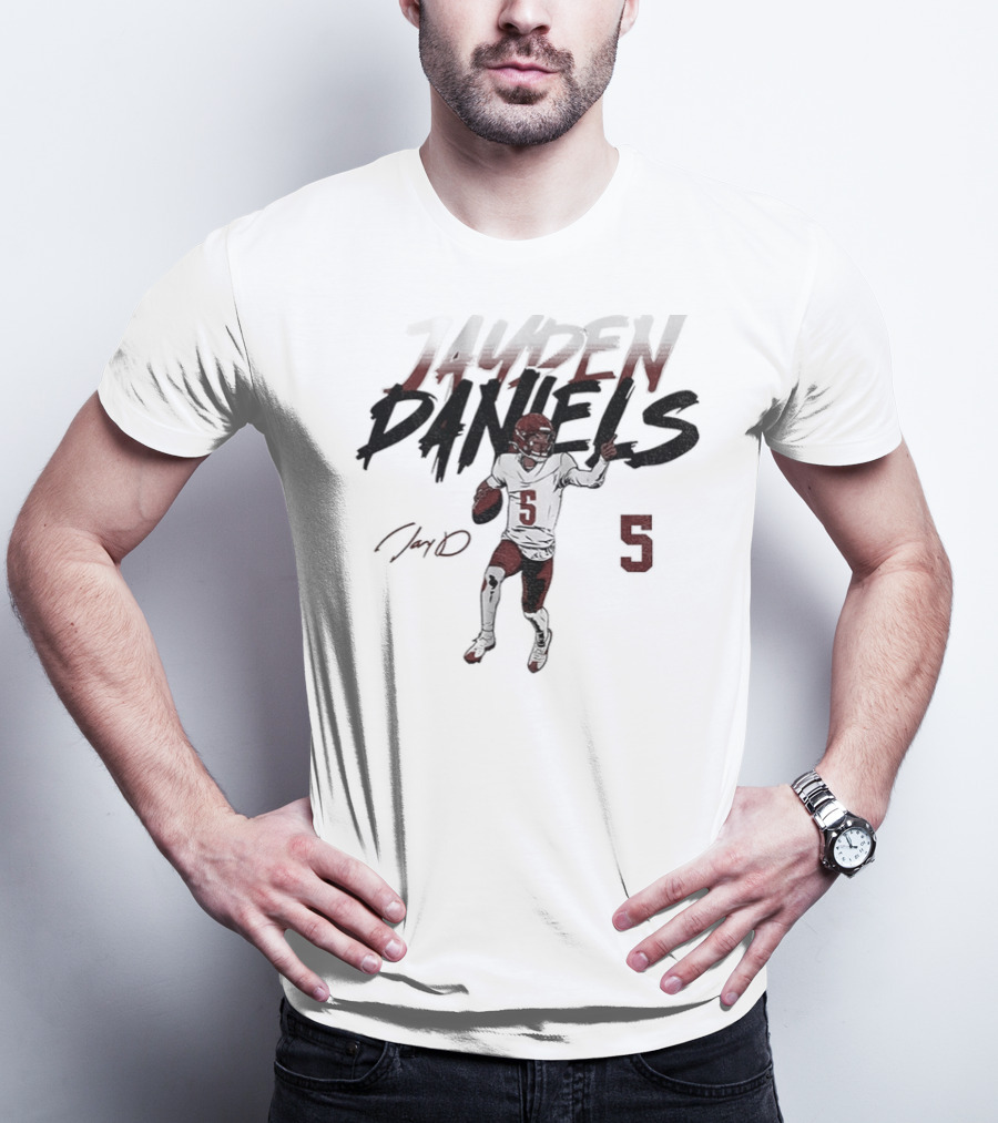 Jayden Daniels Number 5 Washington Football Player Pose T-Shirt