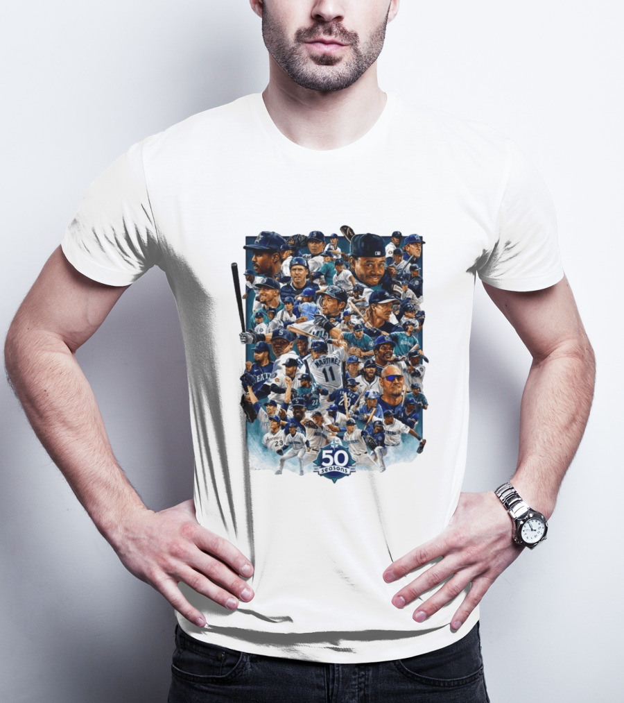Seattle Mariners 50 Seasons Collage MLB Players Legends And Moments T-Shirt