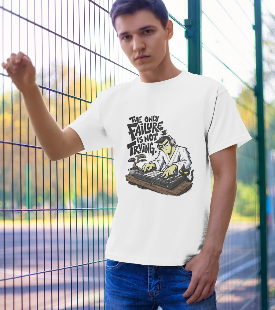 The Only Failure Is Not Trying Samurai DJ With Cat And Bonsai T-Shirt