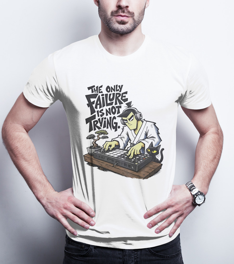 The Only Failure Is Not Trying Samurai DJ With Cat And Bonsai T-Shirt
