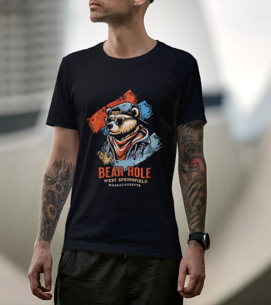 Bear Hole West Springfield Massachusetts Bear Wearing Sunglasses Cap Bandana Distressed T-Shirt