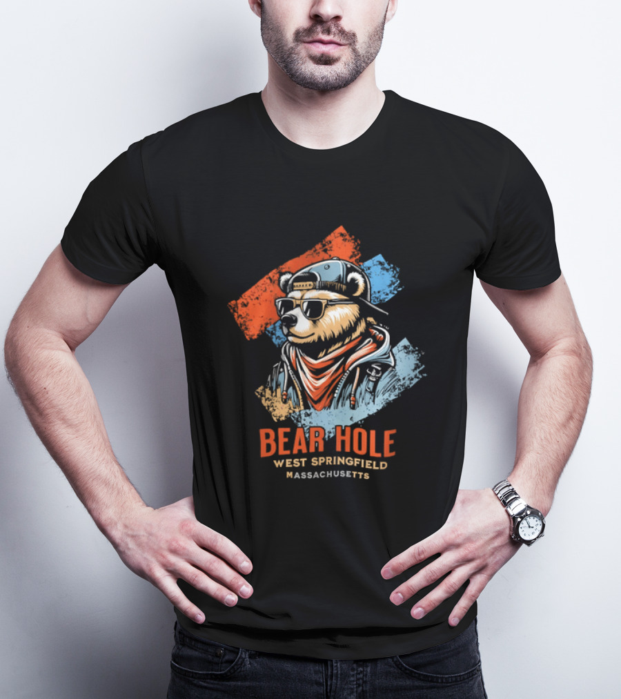 Bear Hole West Springfield Massachusetts Bear Wearing Sunglasses Cap Bandana Distressed T-Shirt