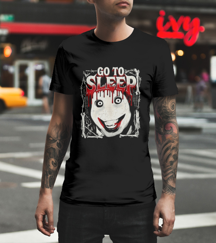Go To Sleep Creepy Pale Face Bloody Smile Barbed Wire Bones T-Shirt