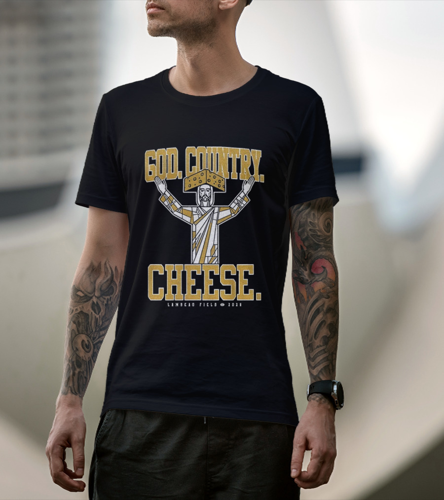 God Country Cheese Lambeau Field 2026 Jesus Statue Wearing Cheesehead T-Shirt