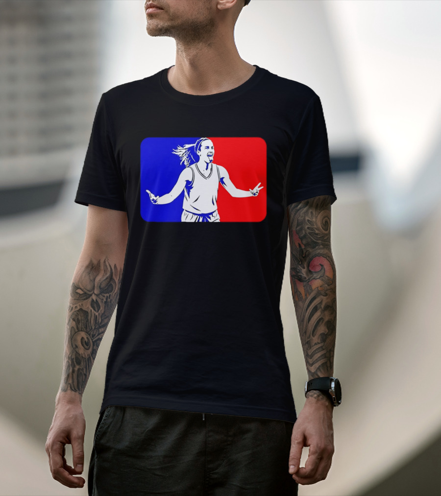 Caitlin Clark Basketball Player Silhouette In Iconic Red And Blue T-Shirt