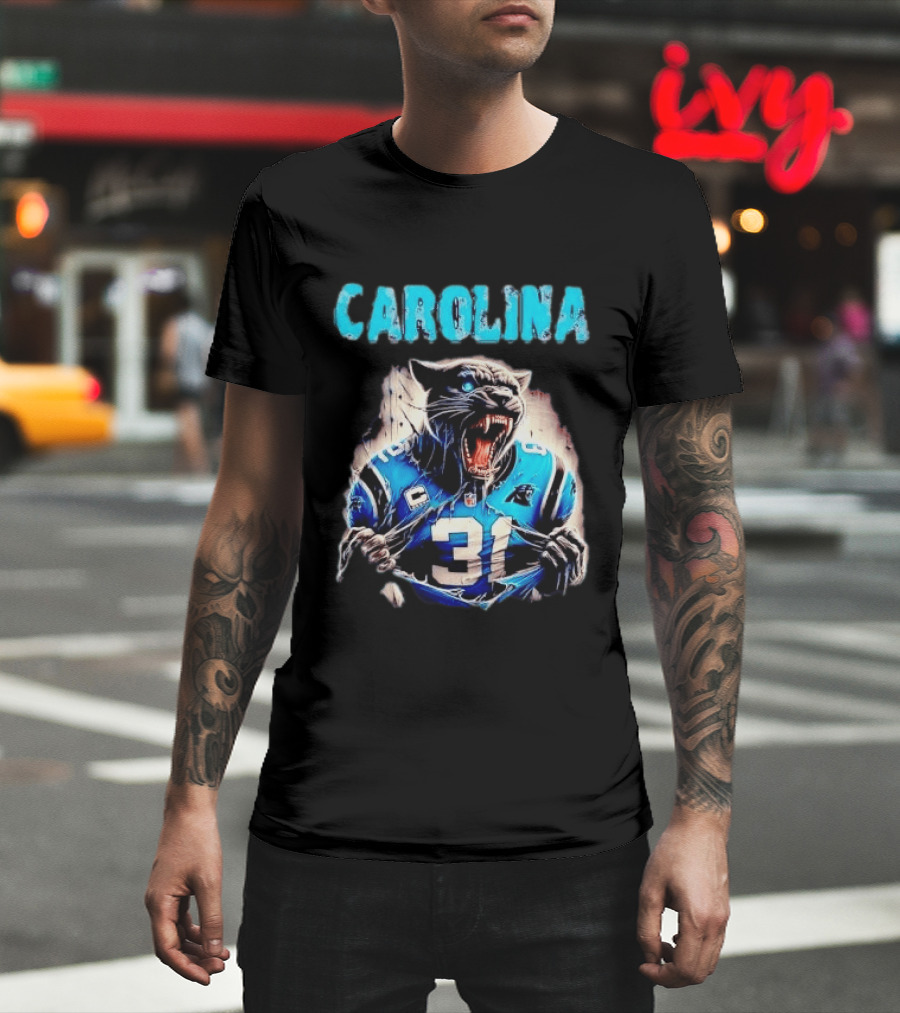 Carolina Panthers Snarling Beast Tearing Blue Jersey 31 T-Shirt
