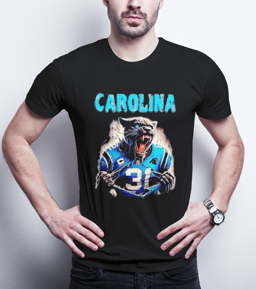 Carolina Panthers Snarling Beast Tearing Blue Jersey 31 T-Shirt
