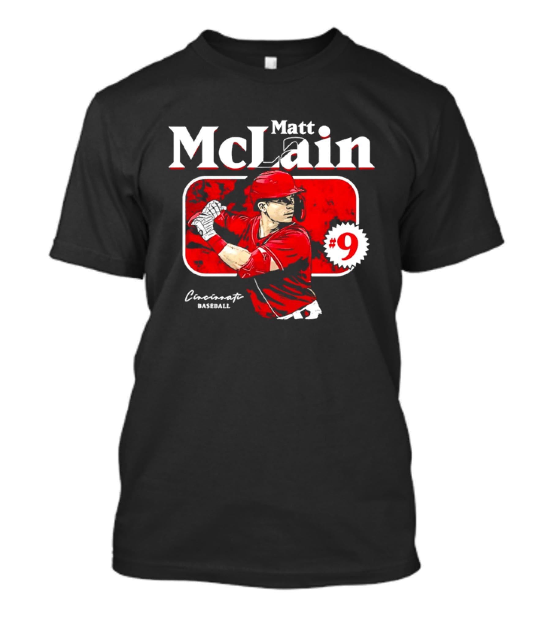 Matt McLain Cincinnati Baseball Number 9 Batter Stance Red Frame T-Shirt