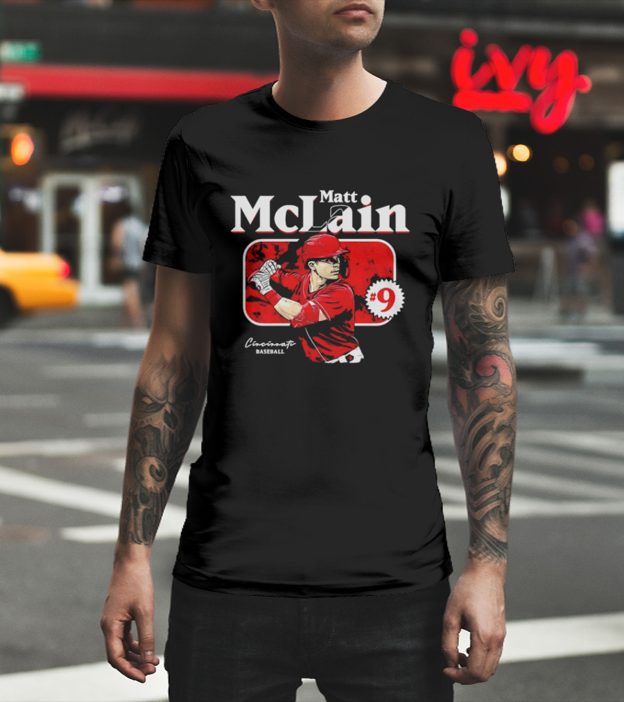 Matt McLain Cincinnati Baseball Number 9 Batter Stance Red Frame T-Shirt