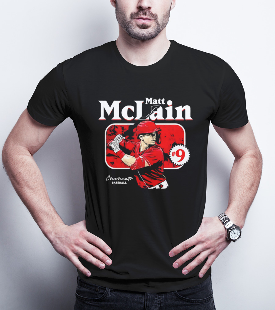 Matt McLain Cincinnati Baseball Number 9 Batter Stance Red Frame T-Shirt